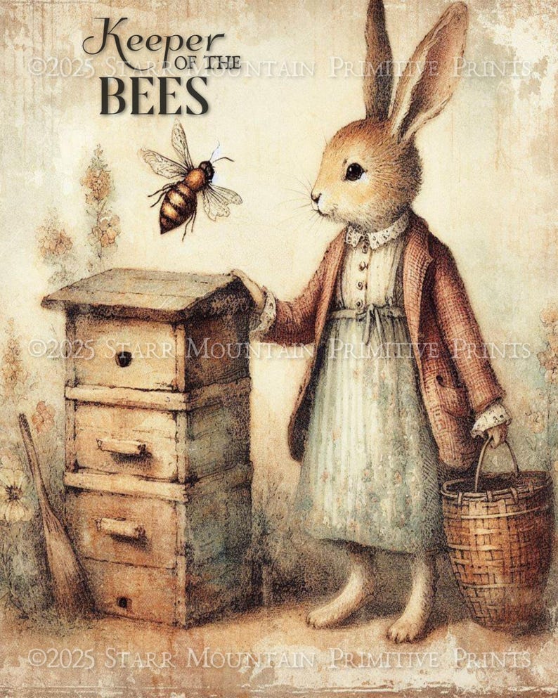8x10 Primitive Farmhouse Bunny Honey Keeper of the Bees Bee Skep Rabbit ...