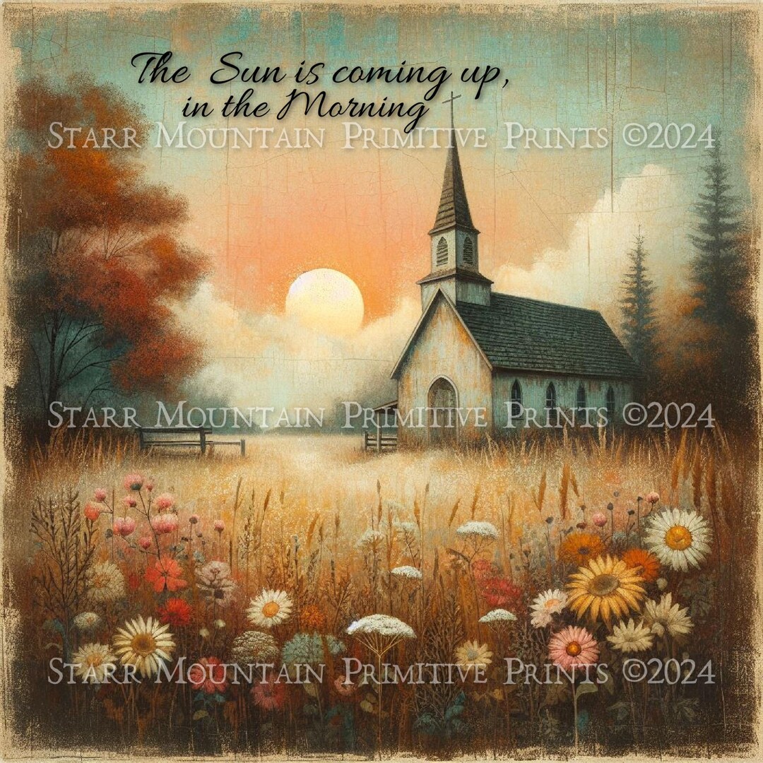 Primitive Inspirational Hymnal Song Autumn Chapel Church Sunrise ...