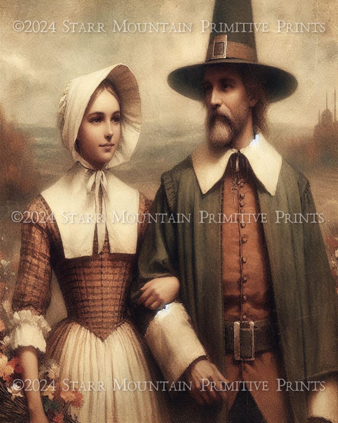 Colonial Primitive Pilgrim Pilgrims Portrait Oil Painting Thanksgiving ...