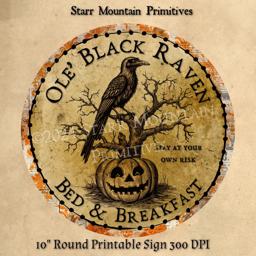 Primitive Farmhouse Damask Autumn Fall Halloween Raven Crow Pumpkin JOL ...