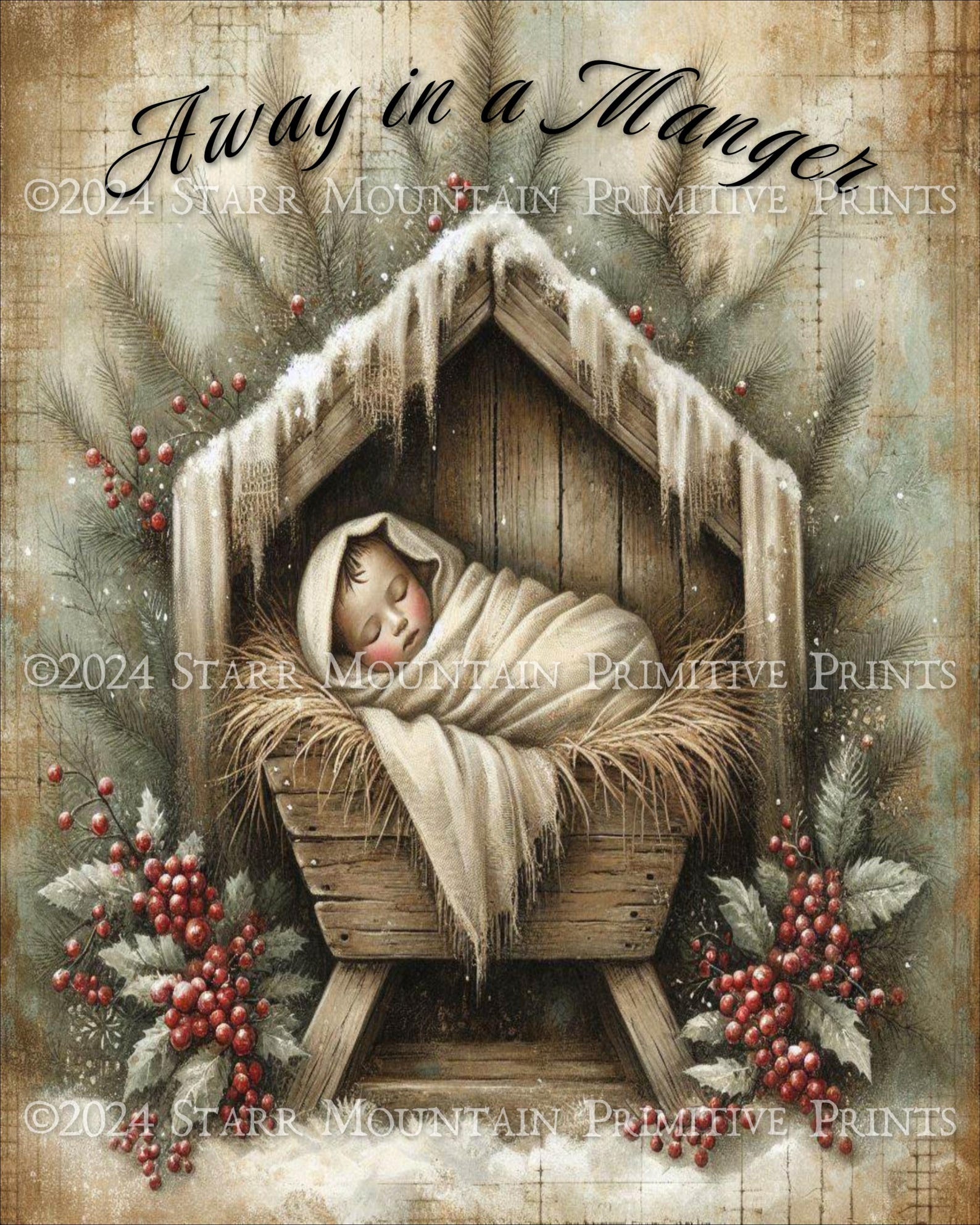 Primitive Religious Christmas Away in a Manger Nativity Baby Jesus ...