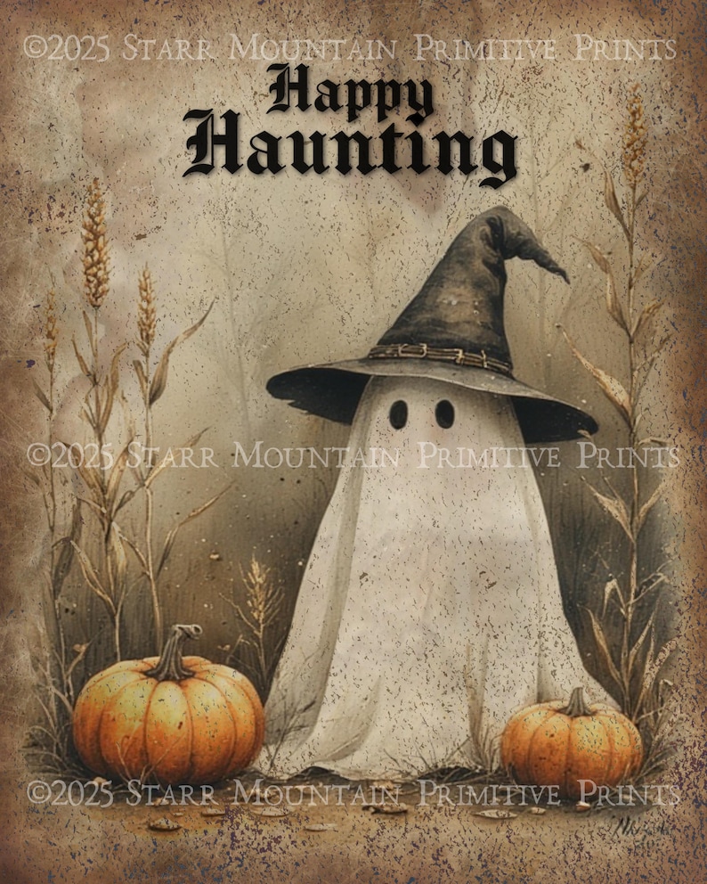 Primitive Farmhouse Ghost in a Witch Hat Pumpkins Cornfield Halloween ...