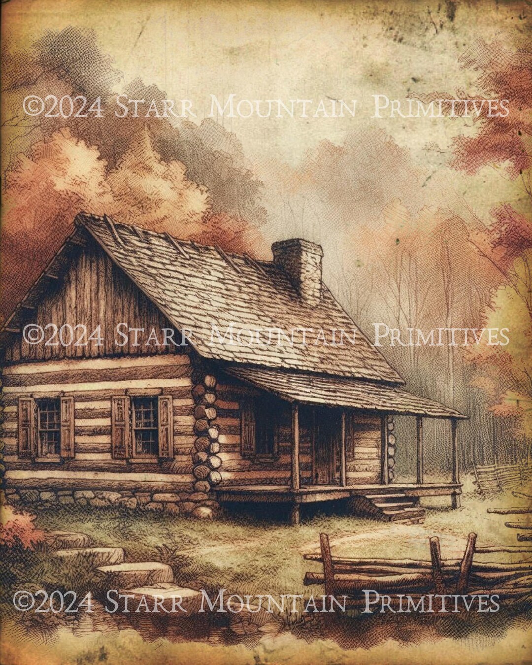 Primitive Historic Antique Log Cabin Sepia Print Autumn Homestead Label ...