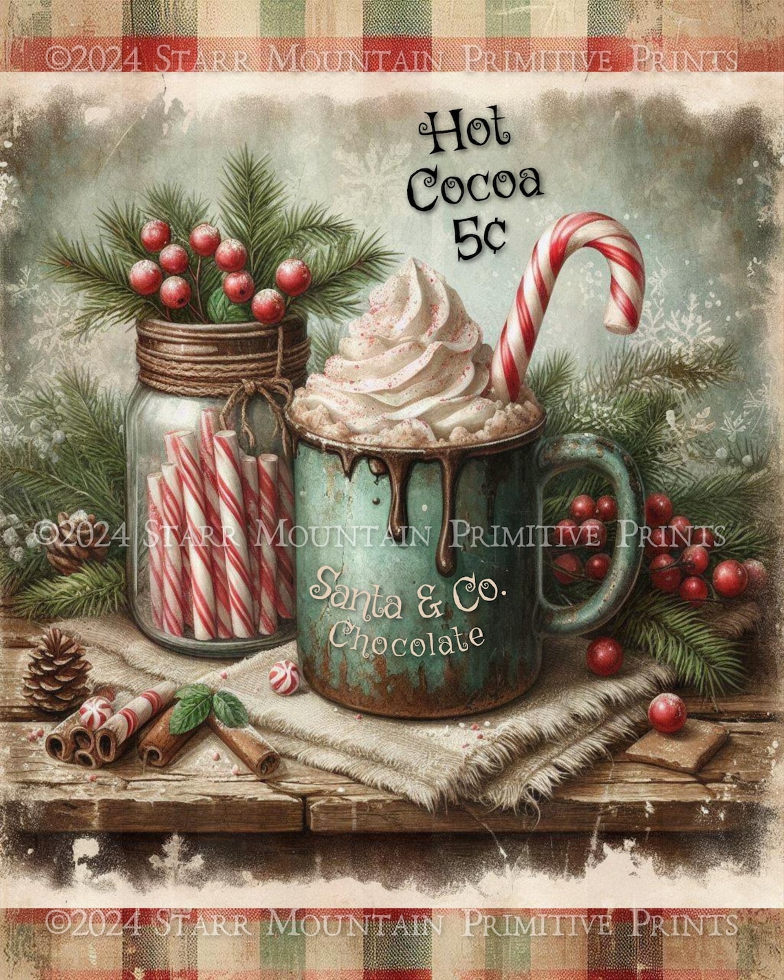 Primitive Farmhouse Hot Cocoa Chocolate Christmas Berries Peppermint ...