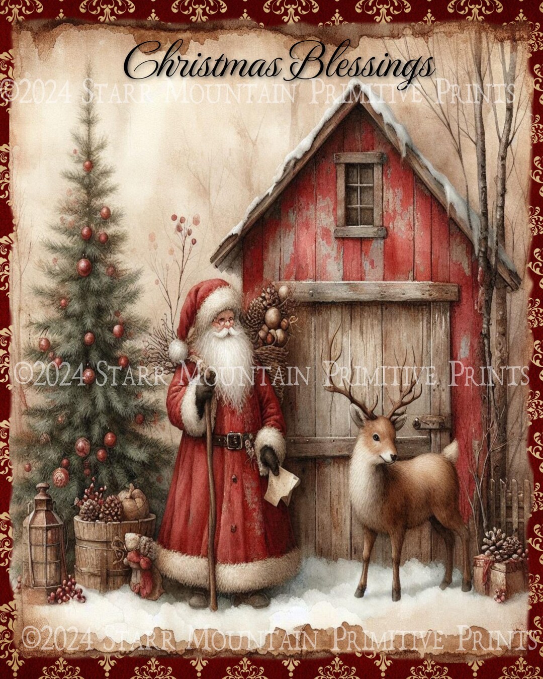 Primitive Farmhouse Grungy Old World Santa Claus Christmas Reindeer ...