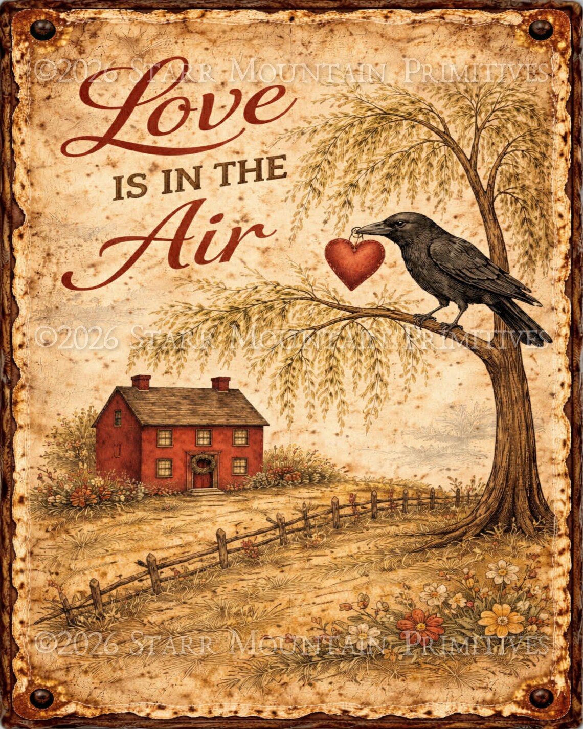 Primitive Folk Art Valentine's Day Crow Heart Saltbox House 8x10 ...