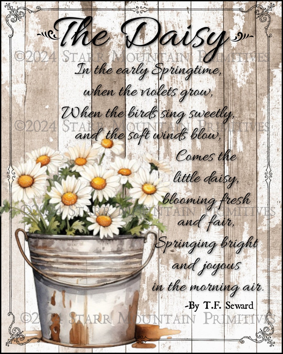 Primitive Farmhouse Daisies Daisy Poem Rusty Tin Bucket Printable Jpeg ...