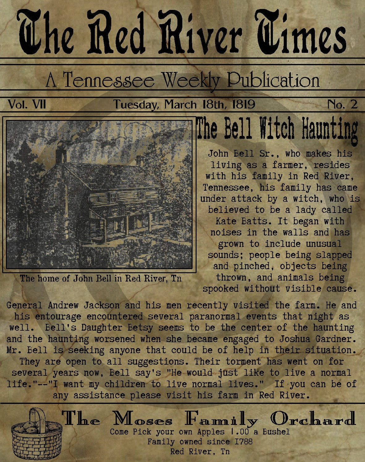 Primitive Vintage Newspaper Bell Witch Story John Bell Adams Tn Pantry ...