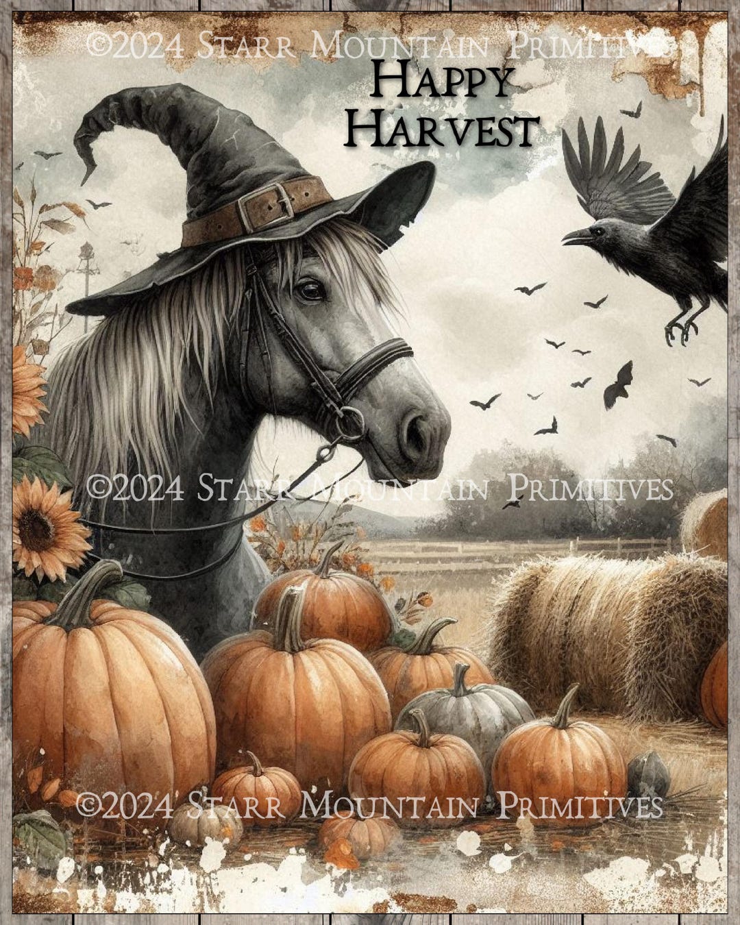Primitive Farmhouse Autumn Horse Happy Harvest Crow Pumpkins Sunflowers ...