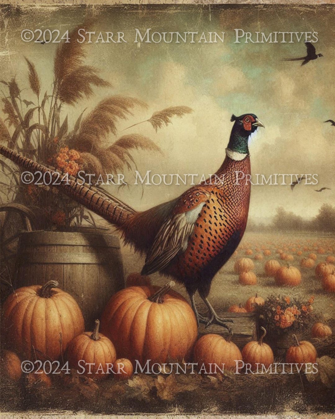 Primitive Colonial Pheasant Field of Pumpkins Printable Oil Painting ...