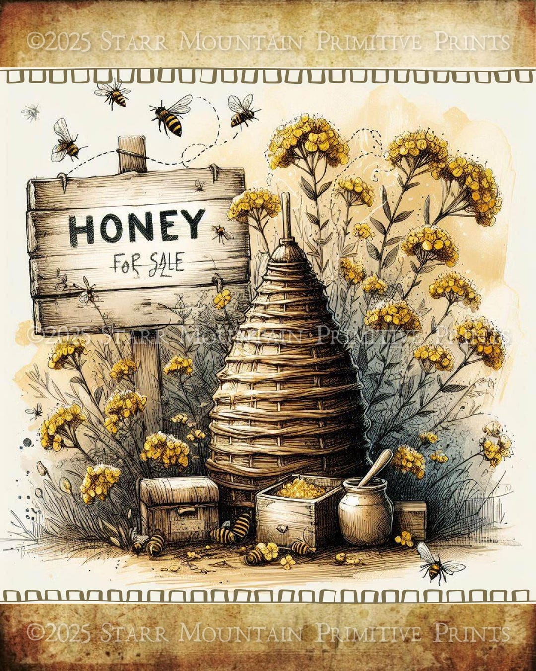 Primitive Vintage Bee Skep Honeybee Honey Yellow Flowers Jpeg 8x10 ...