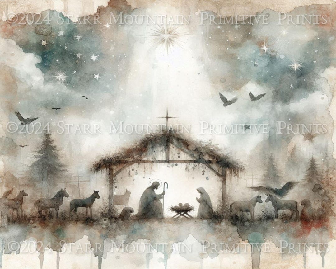 Manger Scene Nativity Bundle, 4 Styles Farmhouse Primitive Watercolors ...