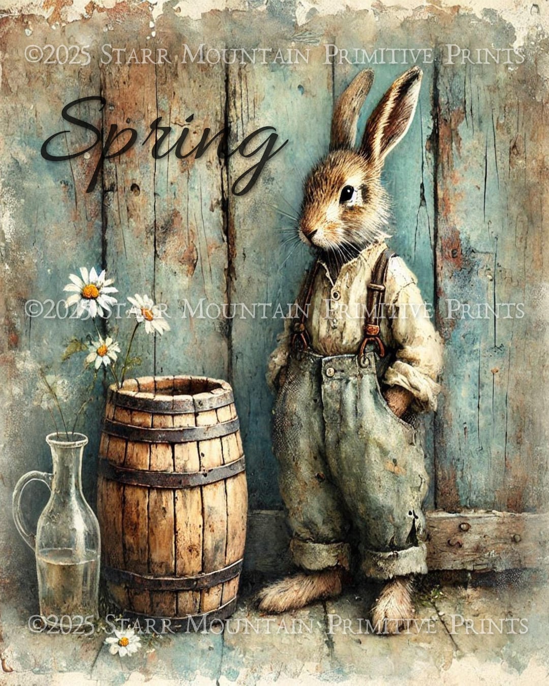 Primitive Farmhouse Spring Hare Rabbit Barnwood Daisies Printable Jpeg ...