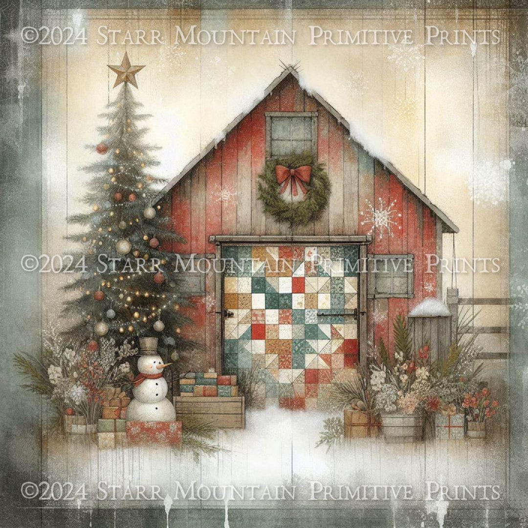 Primitive Farmhouse Rustic Christmas Barn Scene Quilt Block Square ...