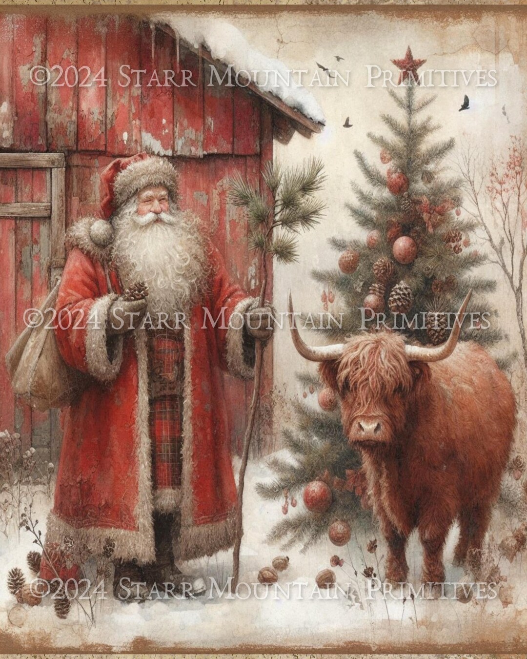 Primitive Farmhouse Christmas Old World Woodland Santa Claus Red Barn ...