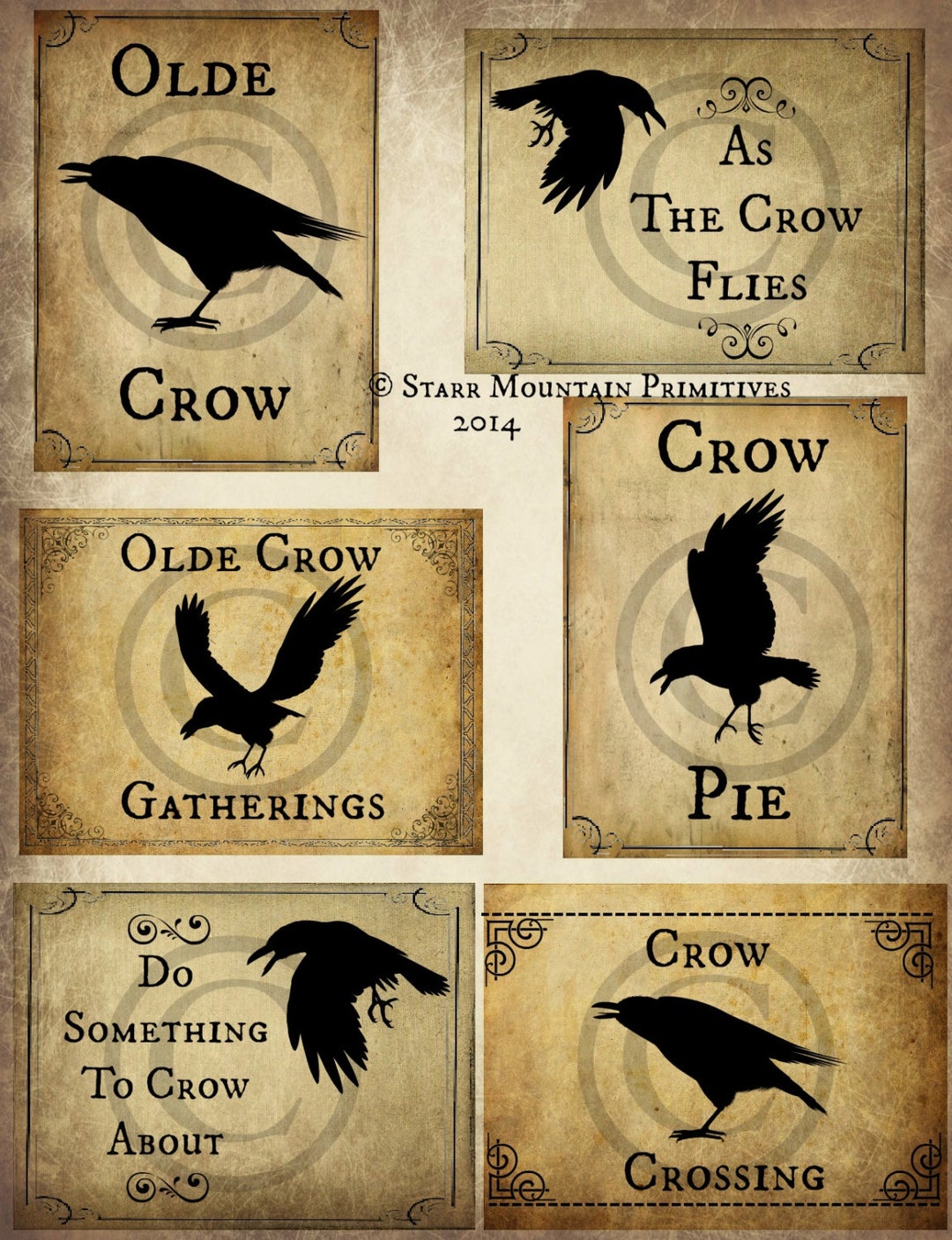 Primitive Set of 6 Olde Crow Sayings 3x4 Inches Each Jpeg Digital ...