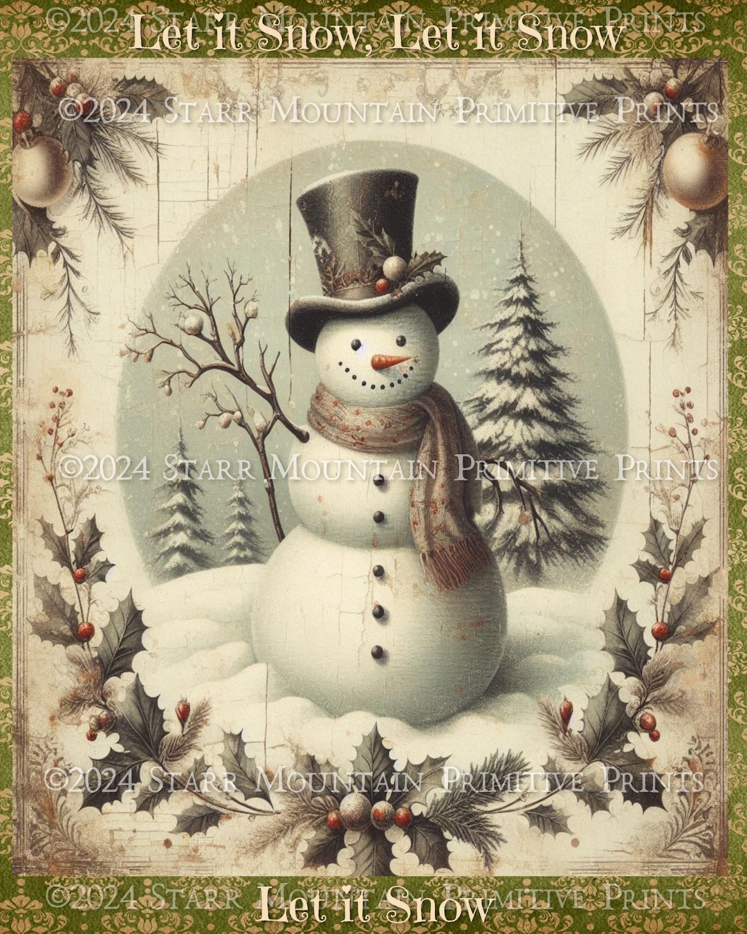 Primitive Farmhouse Snowman Christmas Let It Snow Printable Jpeg ...