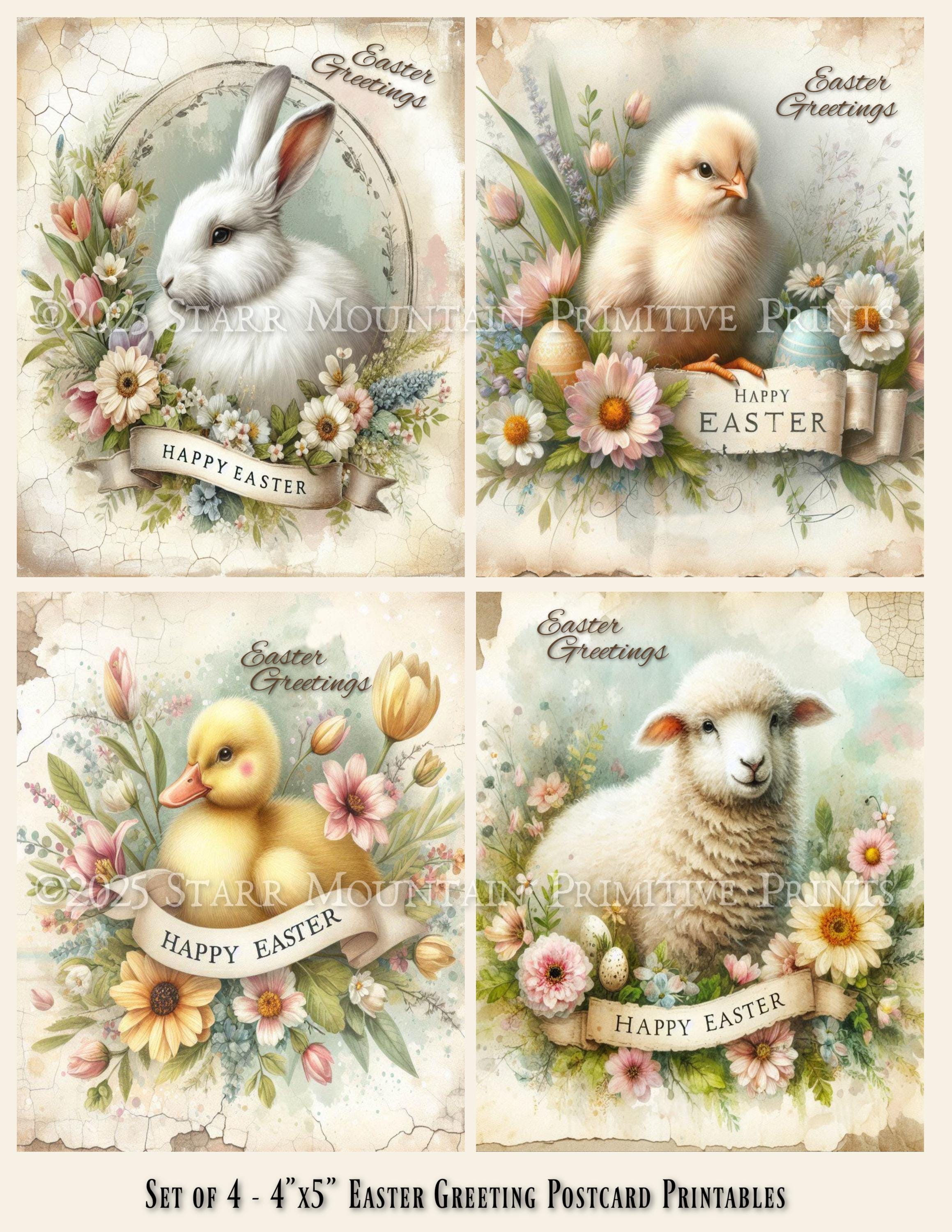Primitive Vintage Easter Greetings Postcard Sheep Bunny Duck Chick Set ...