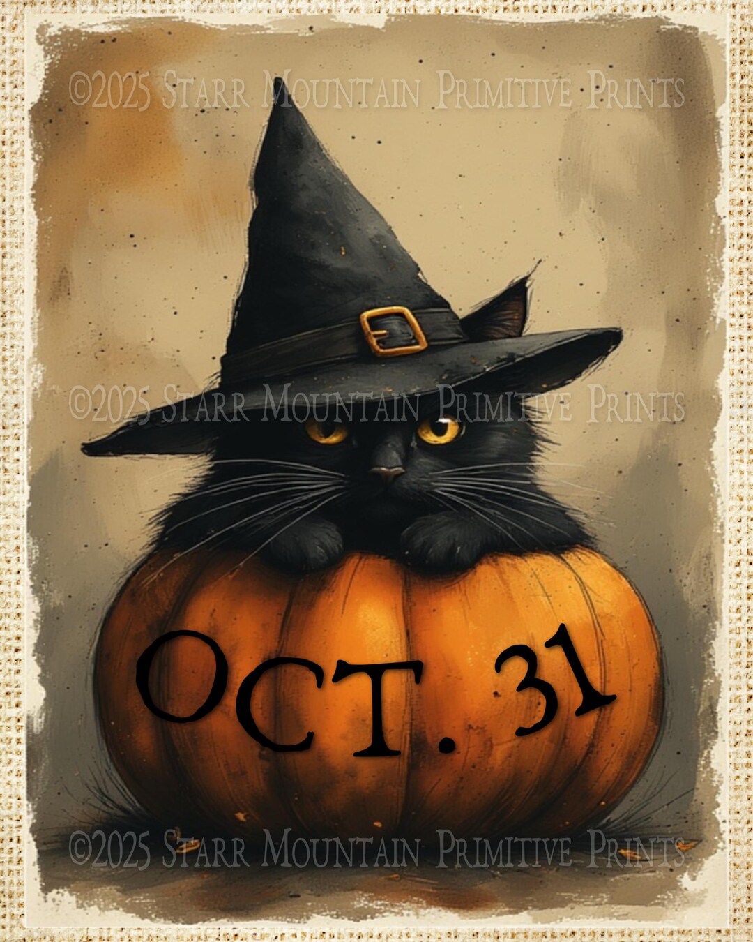 Primitive Fall Autumn Halloween Oct. 31 Black Cat Witch Hat Pumpkin ...