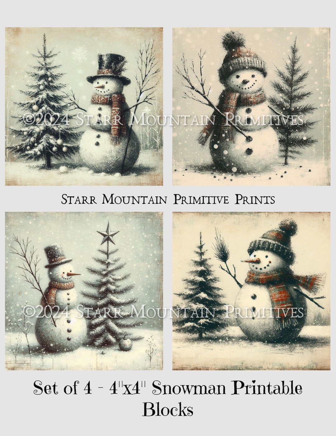 Primitive Farmhouse Folk Art Snowman Snowmen Christmas Tree 4x4 Blocks ...