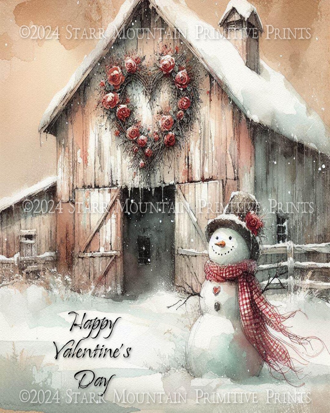 8x10 SIZE Primitive Valentines Day Snowman Snow Barn Scene Rose ...