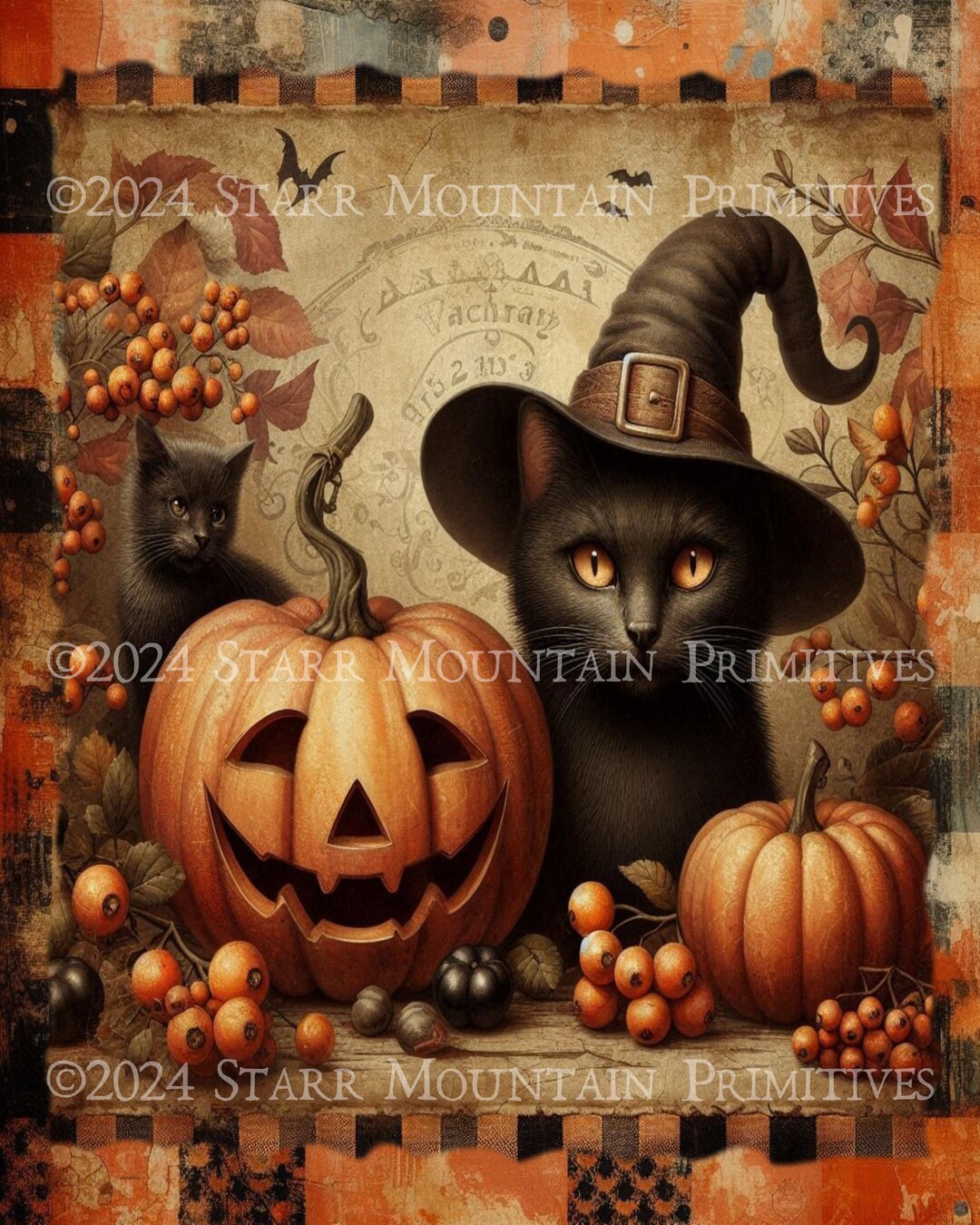 Primitive Halloween Witch Black Cat Jack O Lantern Pumpkin Bittersweet ...
