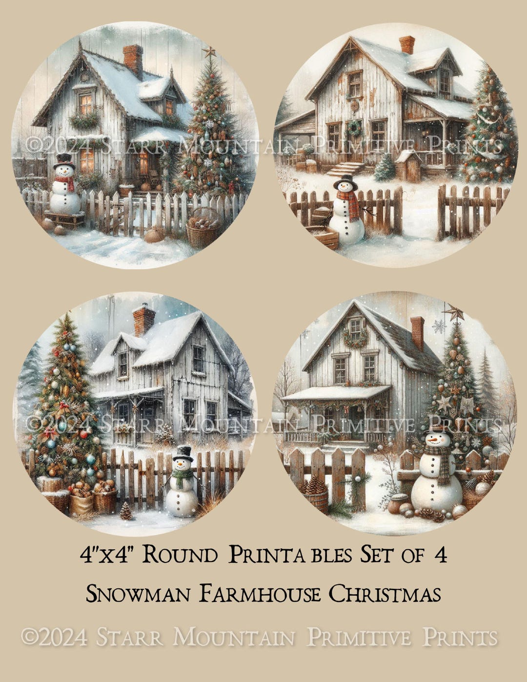 Primitive Farmhouse Snowman Christmas Tree Snow Set of 4 Round 4x4 ...