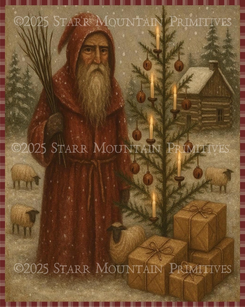 Primitive Colonial Folk Art Christmas Belsnickel Santa Claus Tree Cabin Sheep Printable Digital ...