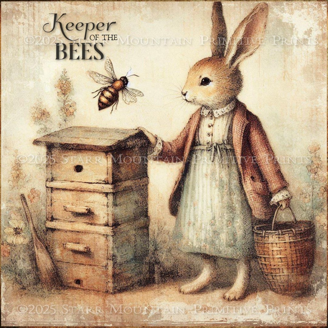 8x8 Primitive Farmhouse Bunny Honey Keeper of the Bees Bee Skep Rabbit ...