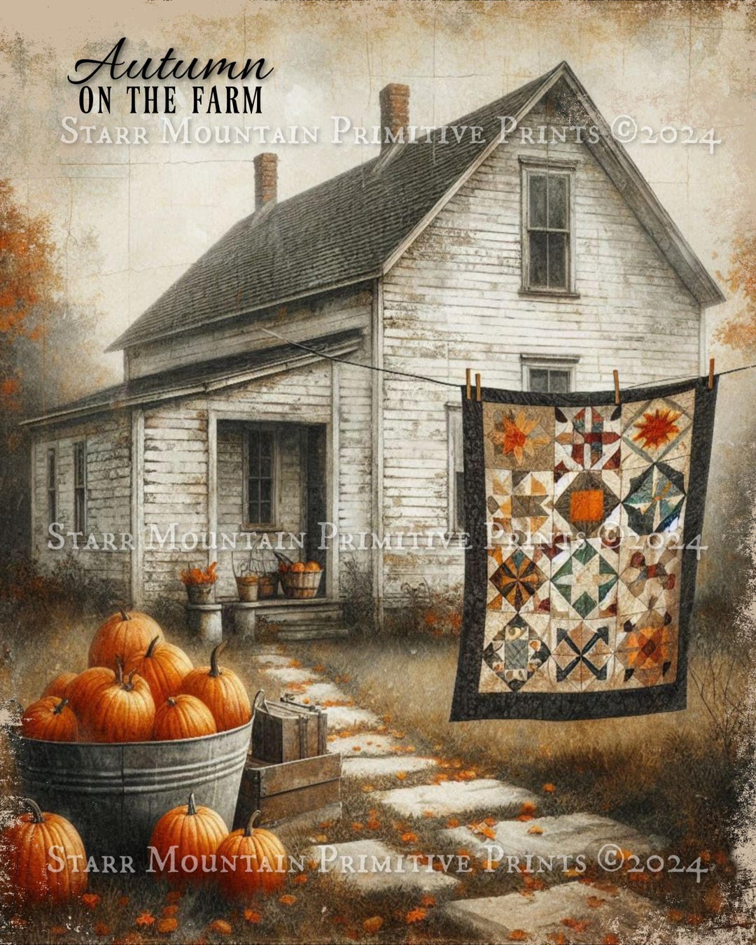 Primitive Weathered Farmhouse Fall Autumn on the Farm Quilt Washtub ...