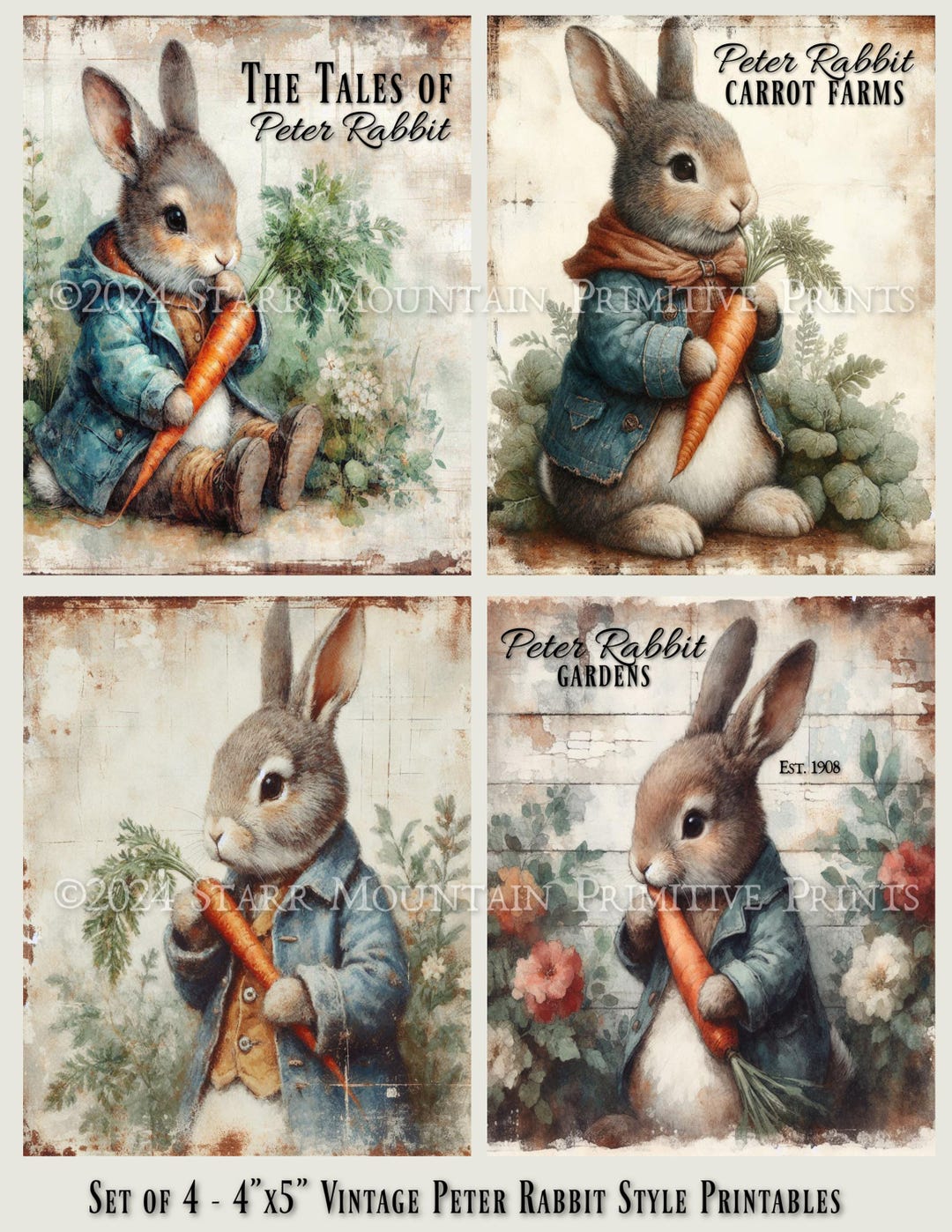 Primitive Farmhouse Vintage Peter Rabbit Carrots Set of 4 4x5 Digital ...