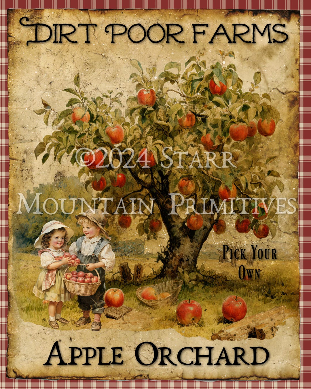 Primitive Grungy Gingham Vintage Advertisement Apple Orchard Farm ...