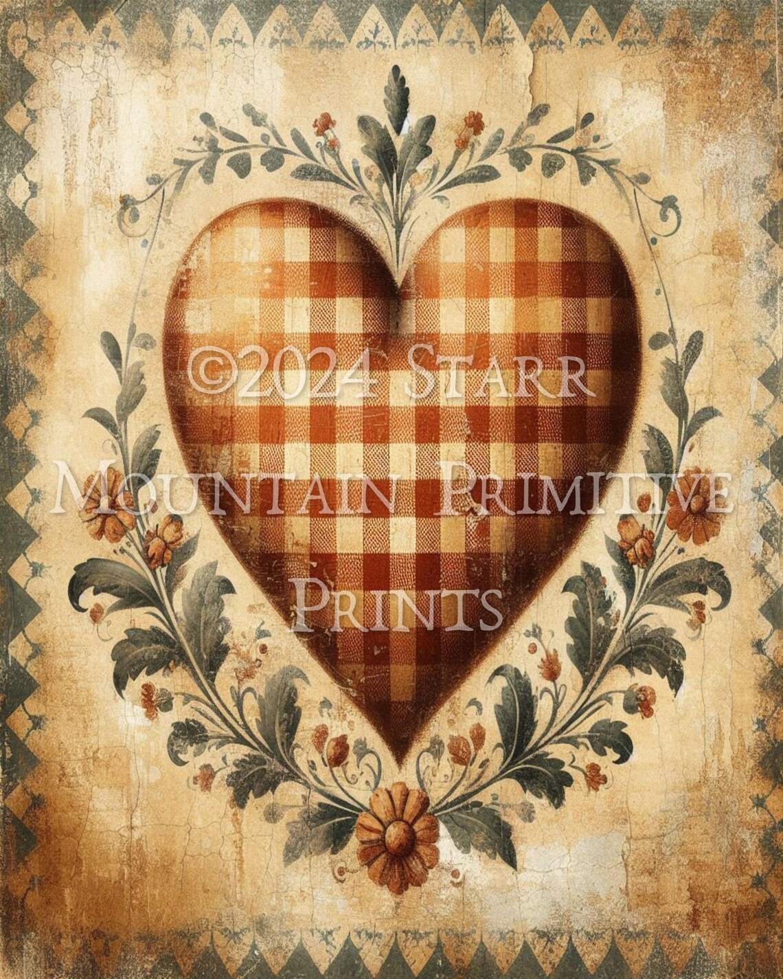 Primitive Folk Art Style Valentine's Day Plaid Hearts 8x10 Digital ...
