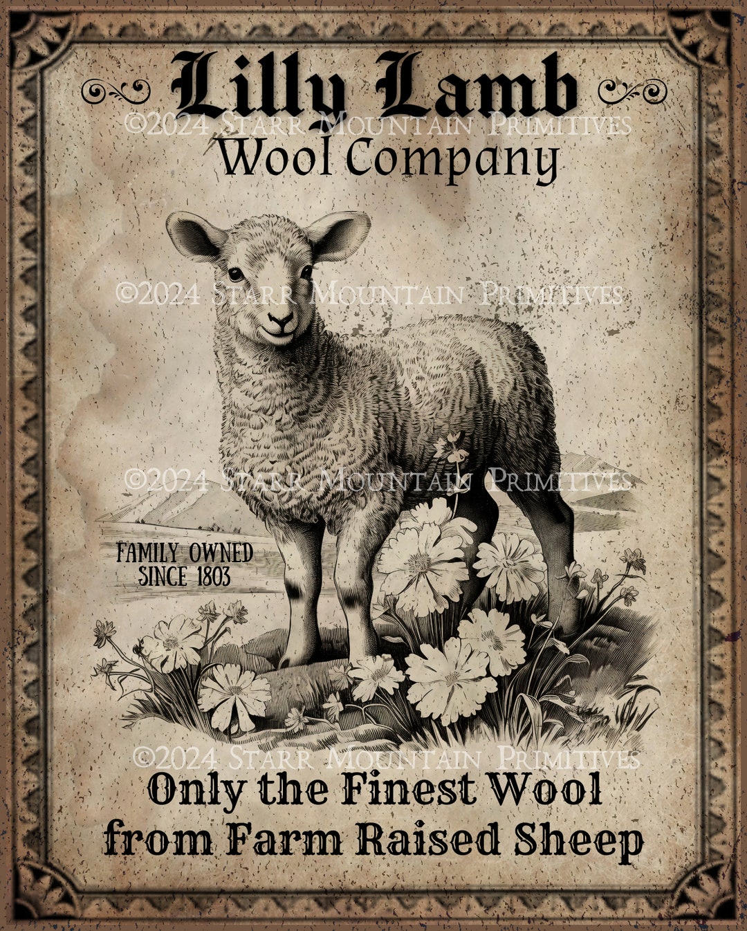 Primitive Lilly Lamb Wool Company Sheep Printable Jpeg 300 DPI Digital ...