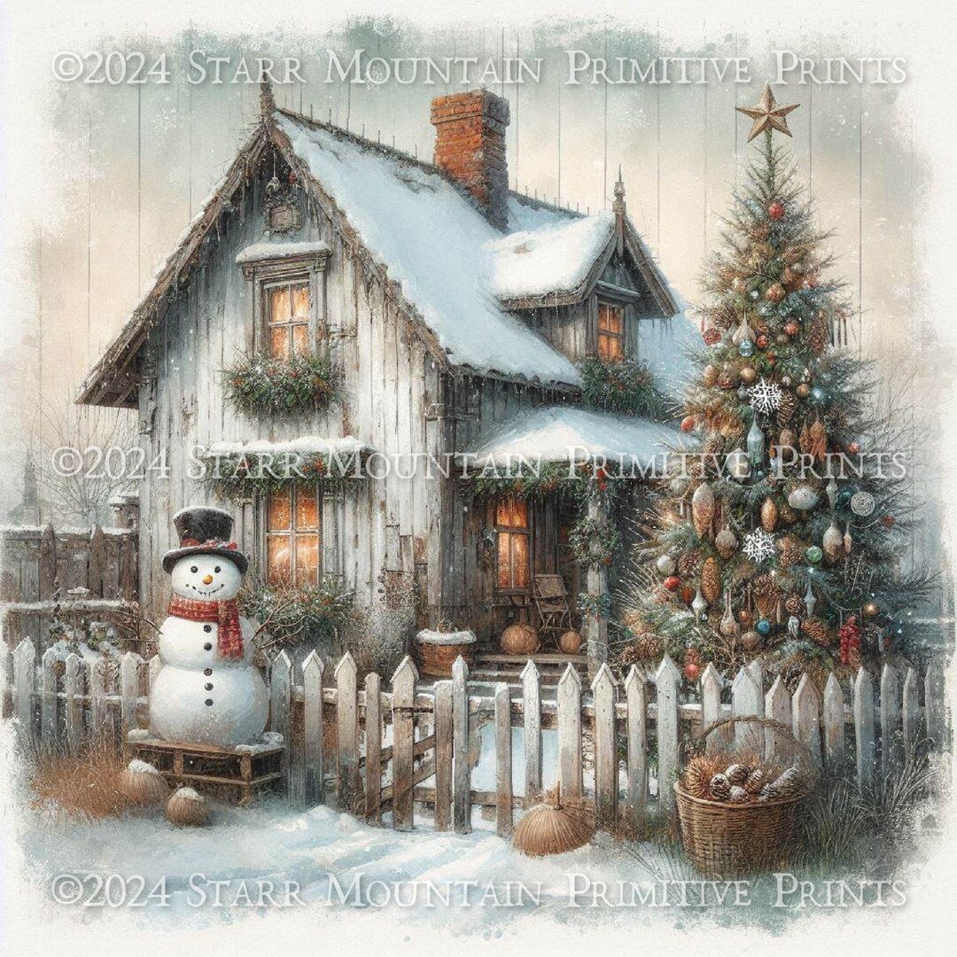 Primitive Farmhouse Winter Christmas Tree Snowman Printable 8x8 Jpeg ...