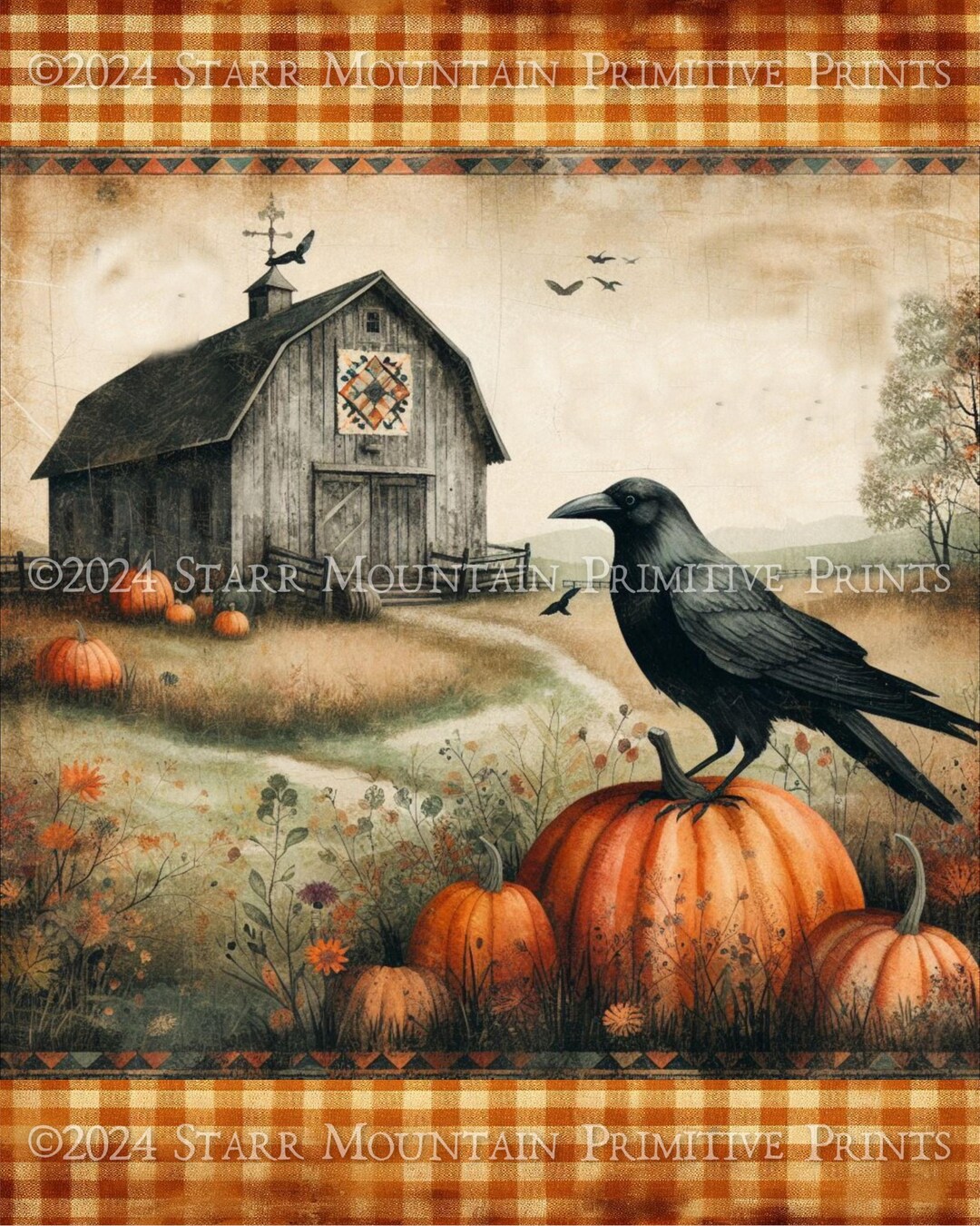 Primitive Fall Autumn Raven Crow Pumpkin Meadow Barn Quilt Printable ...
