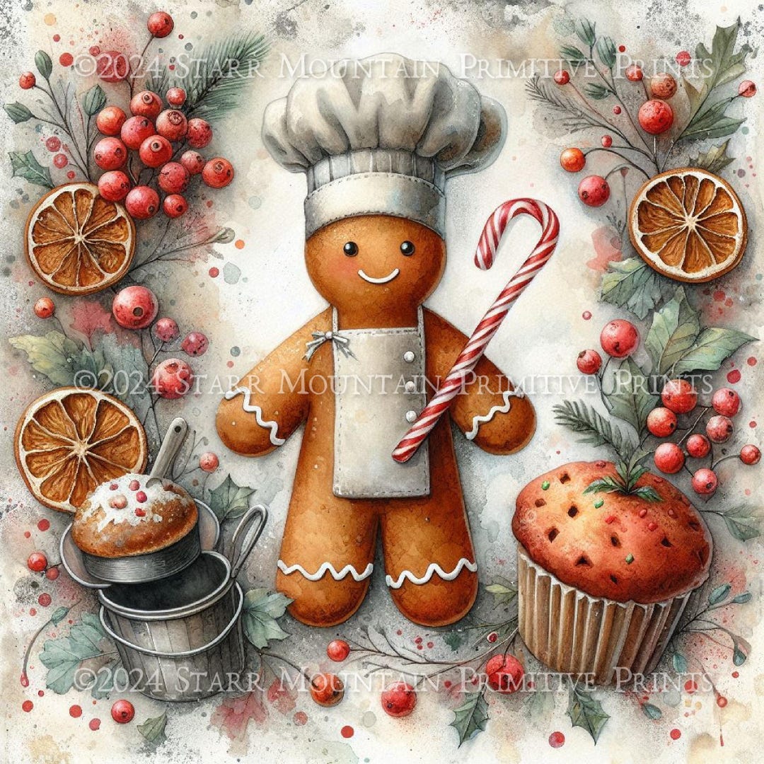 Primitive Farmhouse Gingerbread Man Chef Hat Candy Cane Christmas 8x8 ...