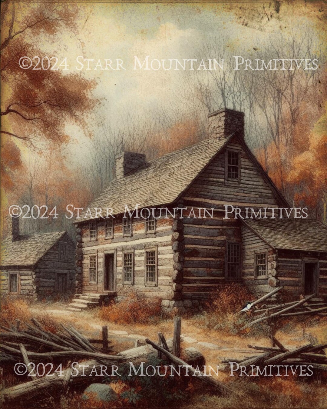 Primitive Historic Antique Log Cabin Print Homestead Settlement Label ...