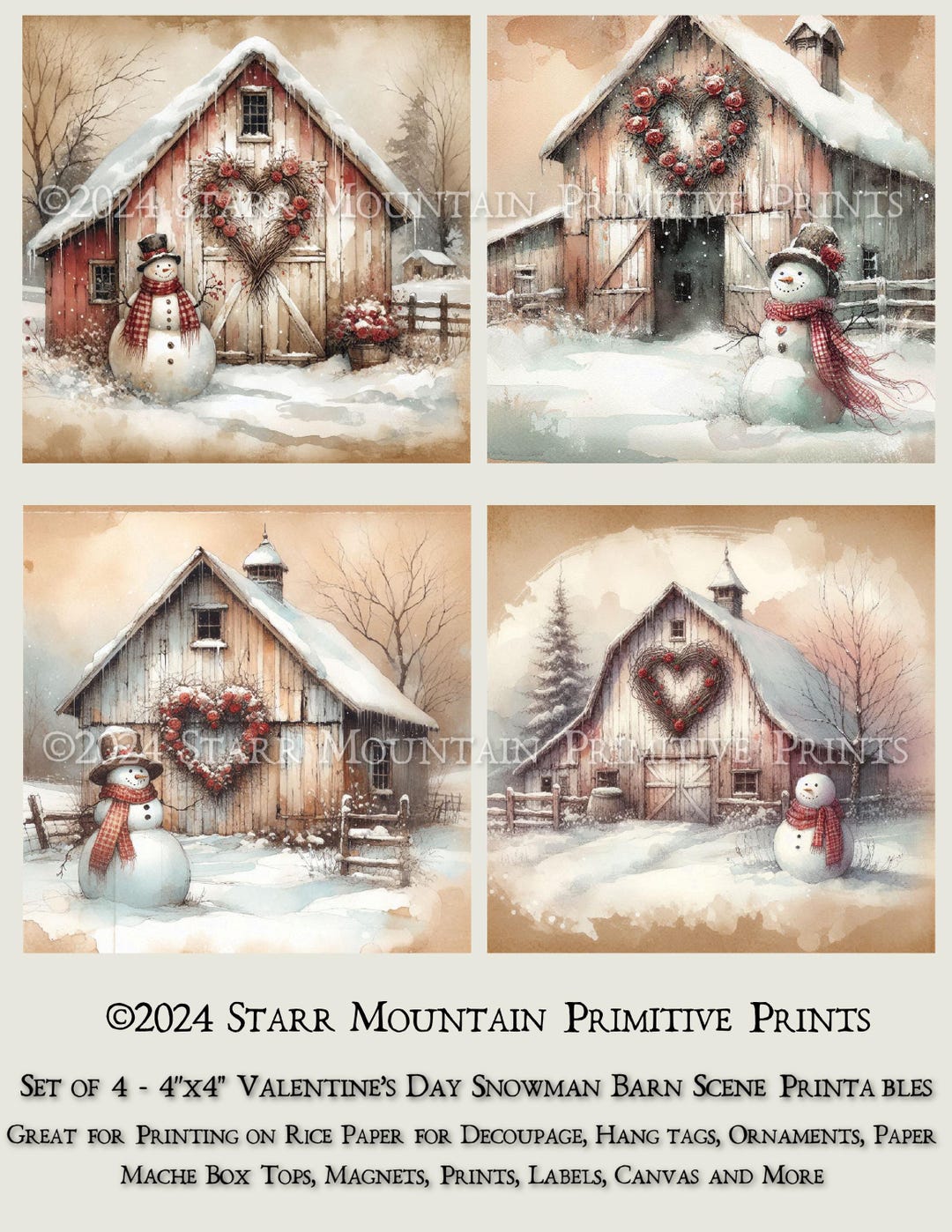 Valentine's Day Snowman Barn Scene With Wreath Roses Set 4, 4x4 Digital ...