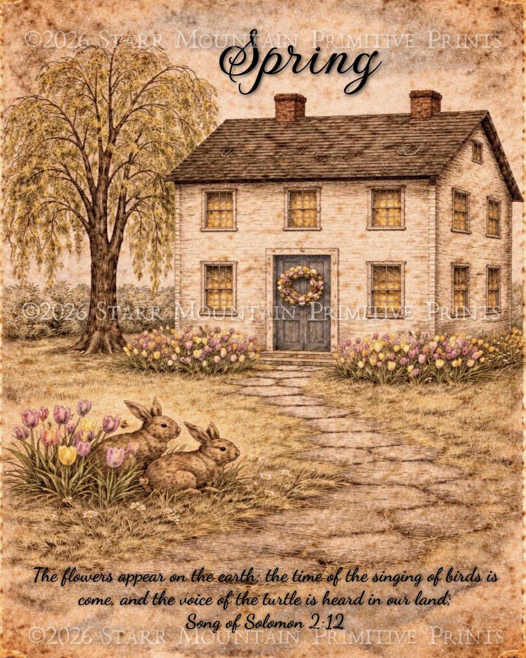 Primitive Folk Art Spring Easter Saltbox House Bunny 8x10 Digital Image ...