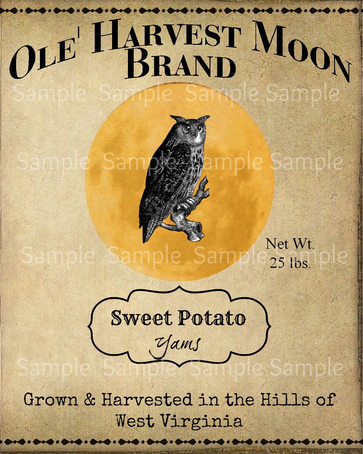 Harvest Moon Sweet Potatoes Feedsack Logo Primitive Label Owl Digital ...