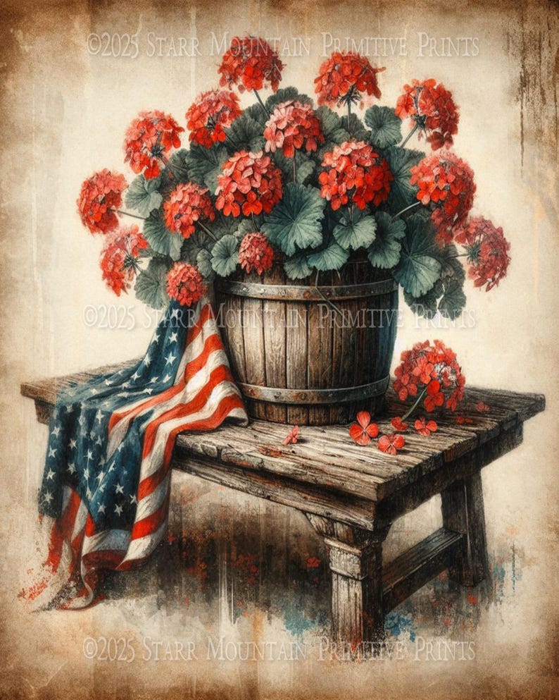 Primitive Farmhouse Patriotic Summer Americana American Flag Geraniums ...