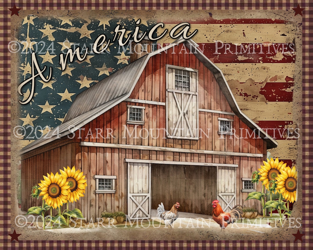 Primitive Patriotic Farmhouse American Flag Barn Sunflowers Printable ...