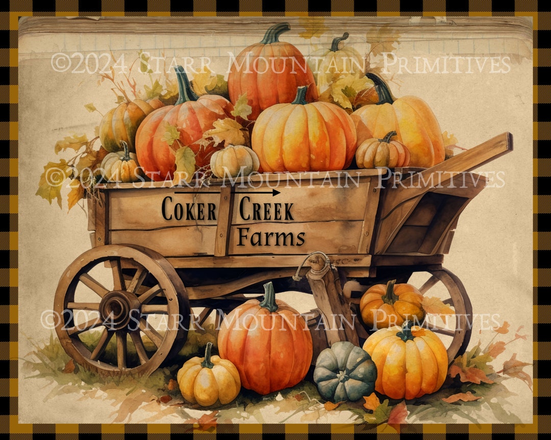 Primitive Farmhouse Gingham Autumn Fall Old Wooden Wagon Pumpkins ...