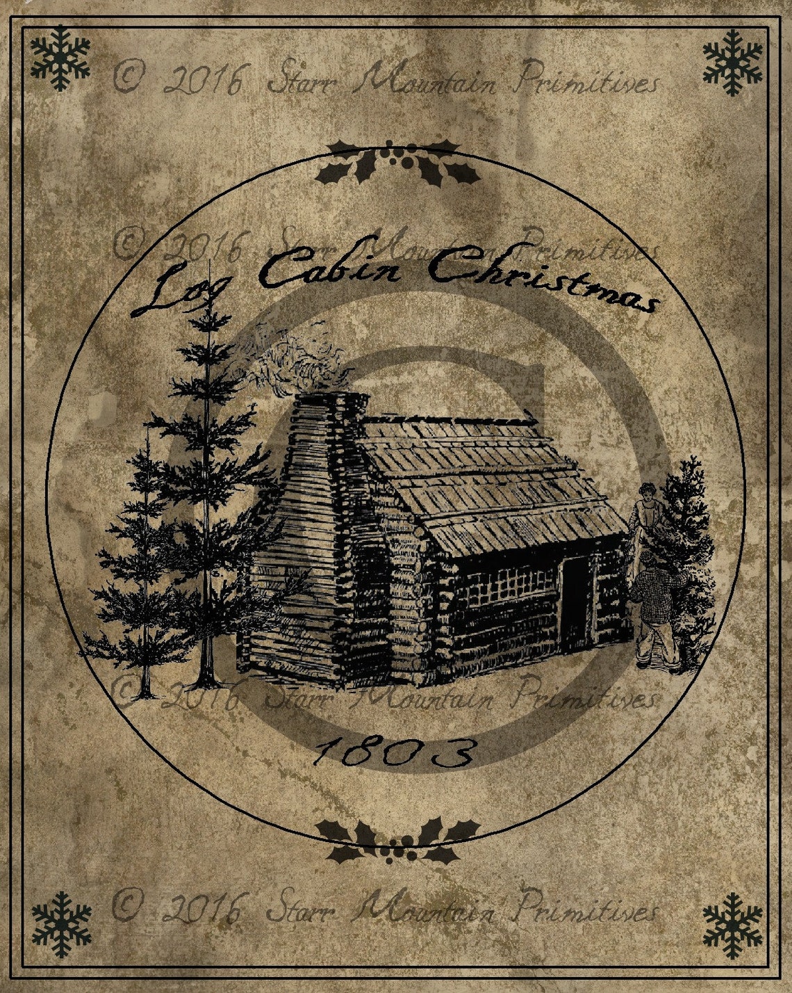 Primitive Christmas Log Cabin Pine Tree Pantry Logo Label Jpeg Digital ...