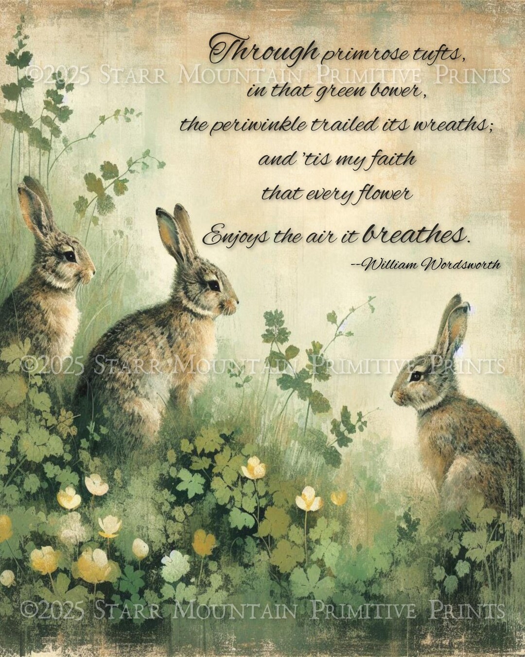 Rabbits in Spring Print Vintage Cottage Style Bunny Wall Art With Poem ...