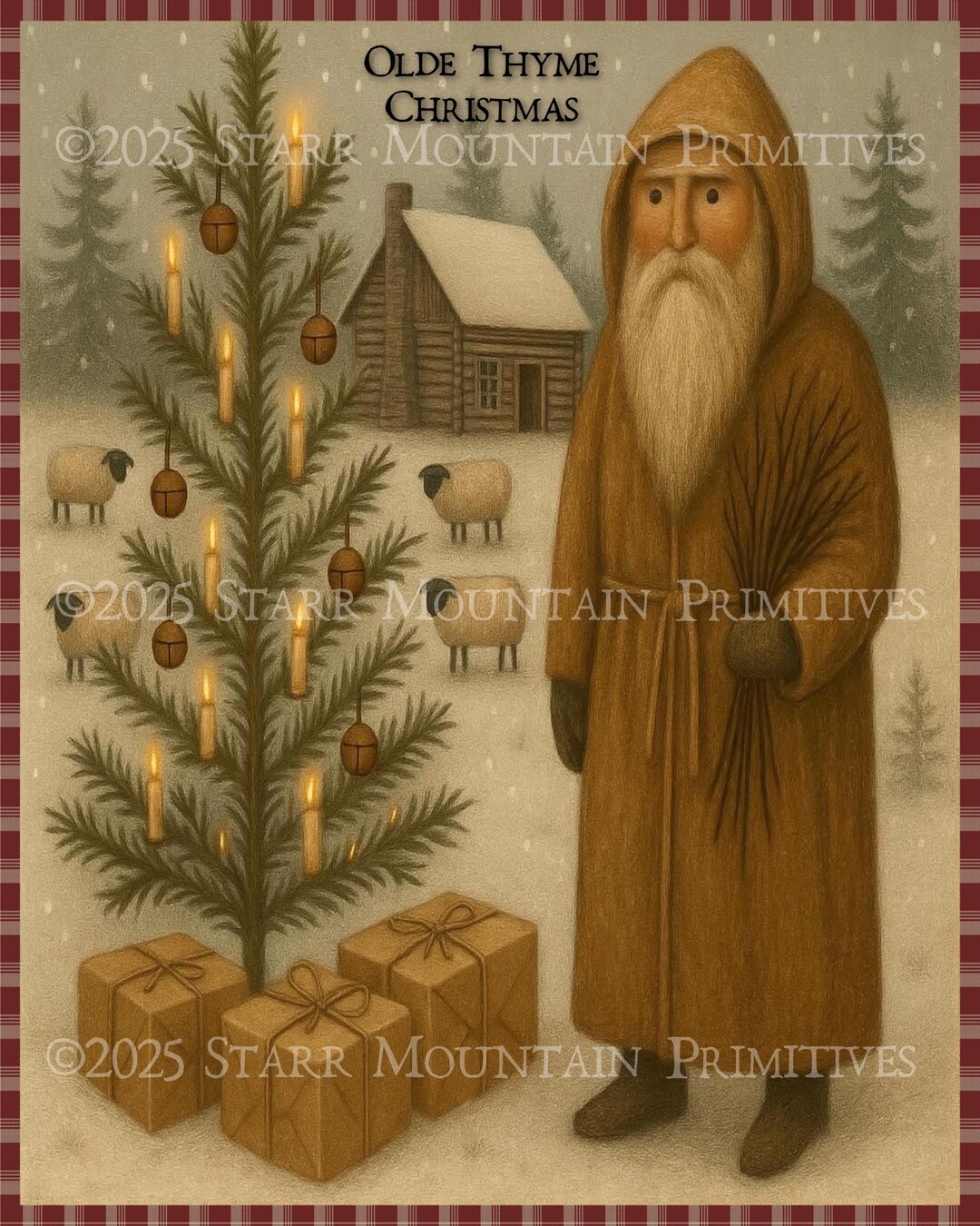 Primitive Colonial Folk Art Christmas Belsnickel Santa Claus Tree Cabin ...