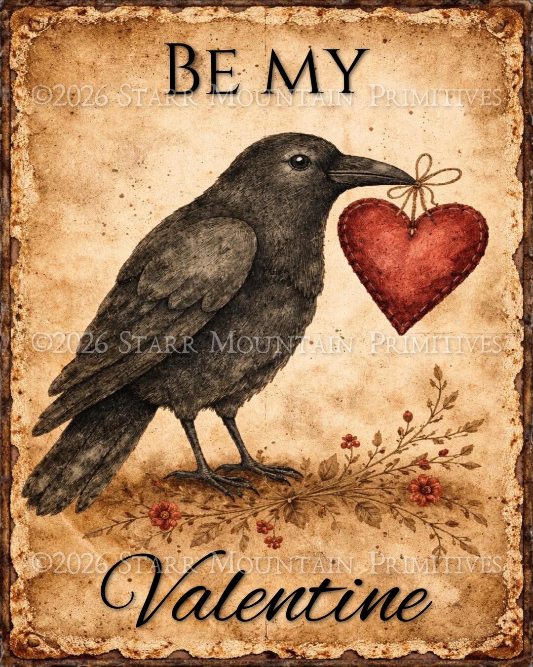Primitive Folk Art Valentine's Day Valentine Crow Heart 8x10 Digital ...