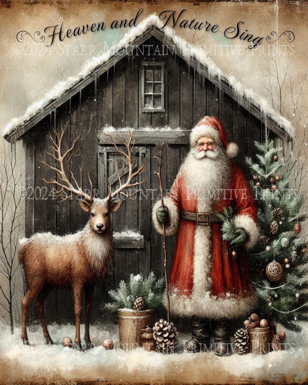 Primitive Farmhouse Grungy Old World Santa Claus Christmas Reindeer ...
