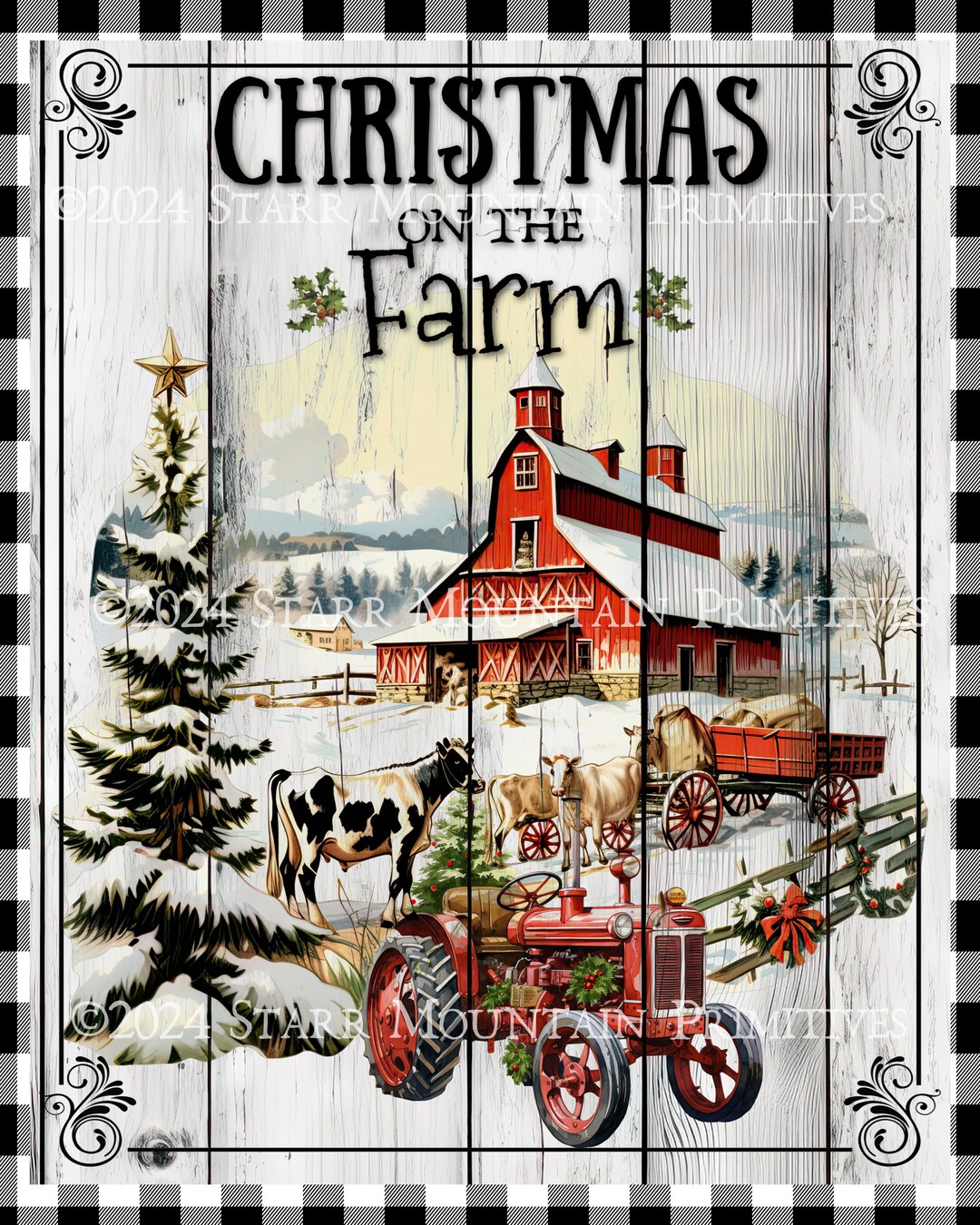 Primitive Farmhouse Christmas on the Farm Barn Tractor Cow Buffalo ...
